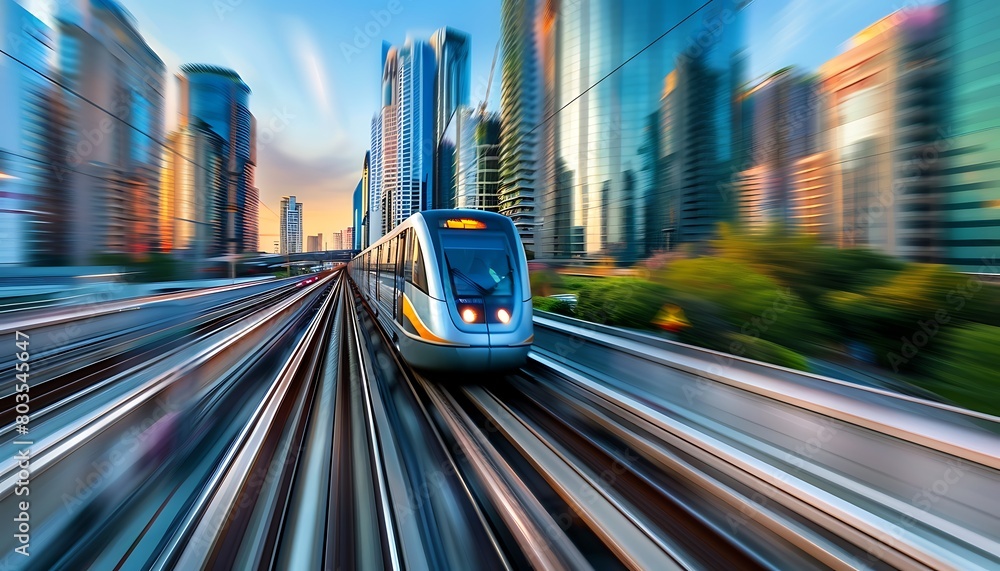 Futuristic maglev train gliding at lightspeed through urban landscape ...