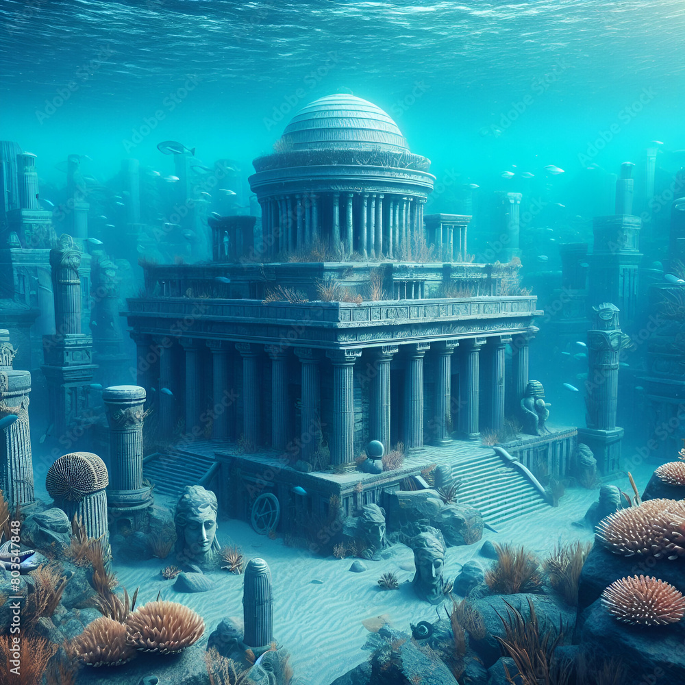 Ancient Atlantis Lost Greek Civilization Ancient Town City Temple Building Ruins Stands Sunken ...