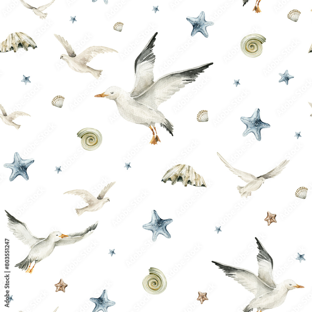 Watercolor seamless sea pattern. Endless pattern with underwater world ...