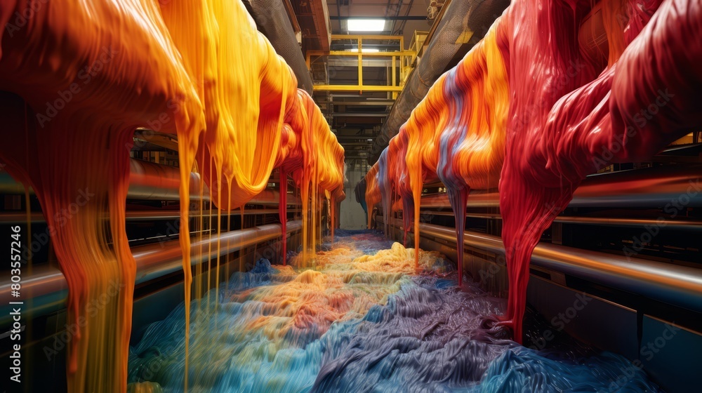 Dynamic view of a textile dyeing process in a factory, with fabrics ...