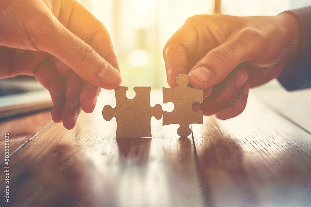 Teamwork of business people working together and combining pieces of a ...