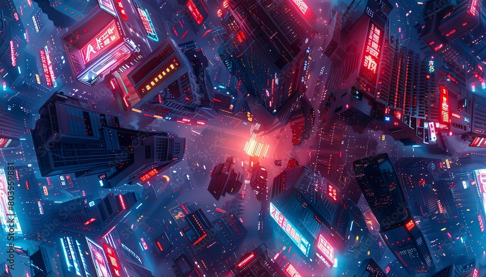 Craft a mesmerizing image of a dystopian city from a low-angle aerial ...