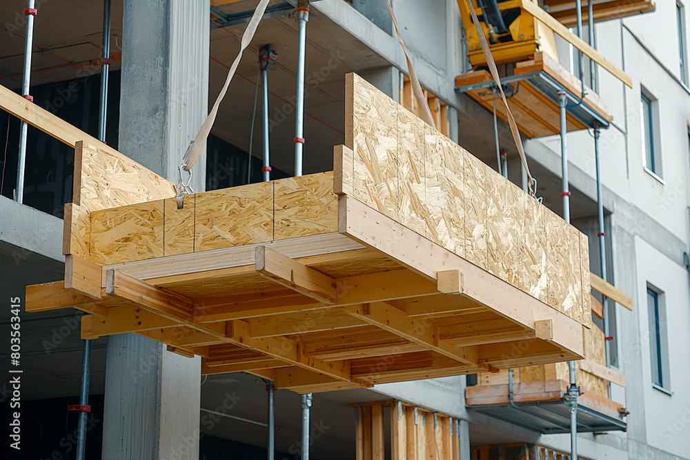 Wooden building module is raised by a crane and placed into the ...