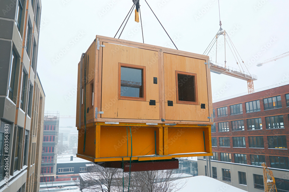 Wooden building module is raised by a crane and placed into the ...