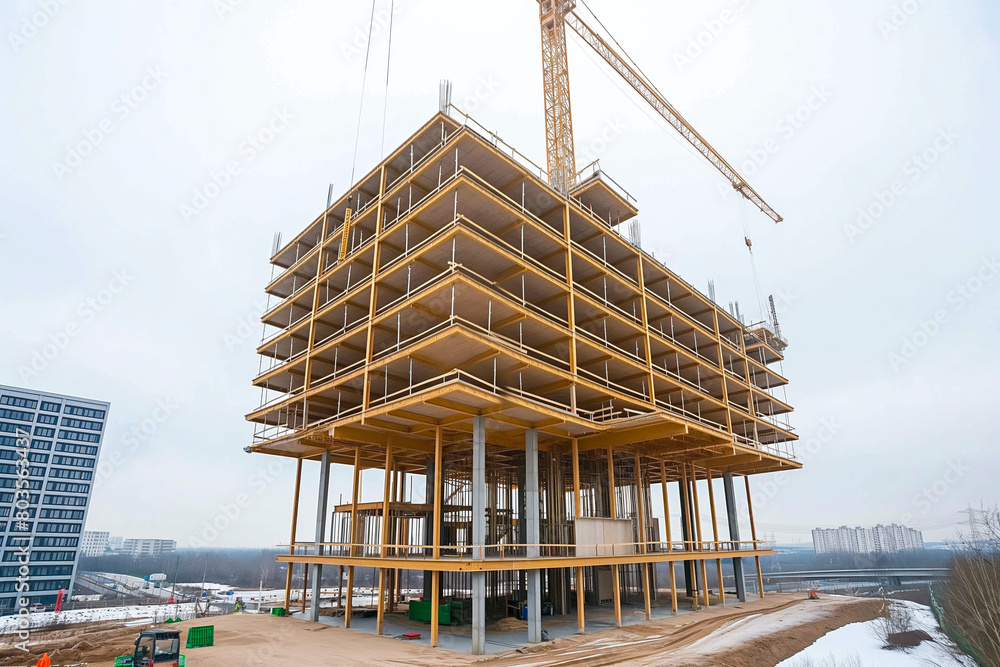 Wooden building module is raised by a crane and placed into the ...