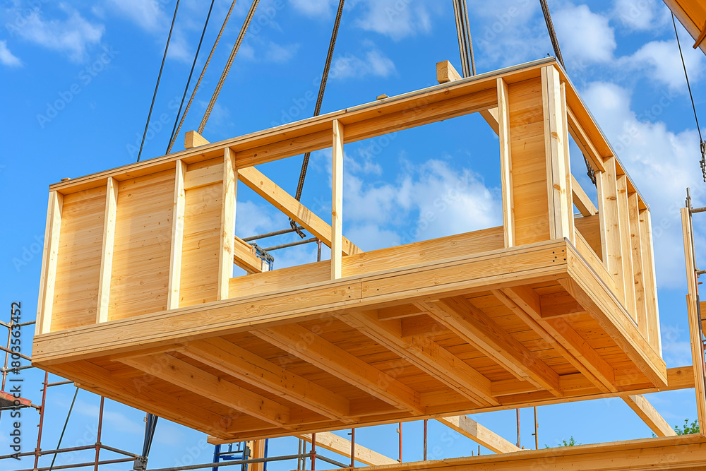 Wooden building module is raised by a crane and placed into the ...
