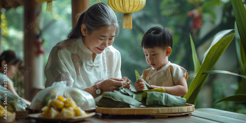 Grandmother teaching young child to make zongzi for Dragon Boat ...