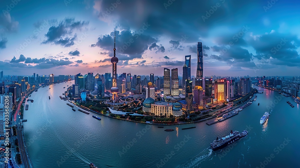 The skyline of Shanghai, China with the river flowing through it at ...