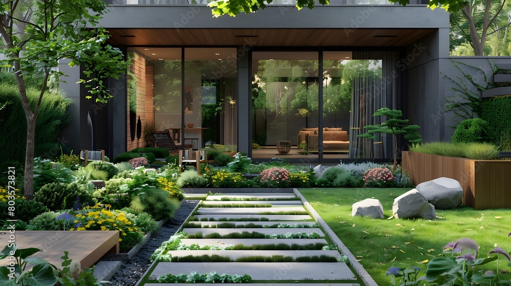 A modern, minimalist garden design with lush greenery and flowers in ...