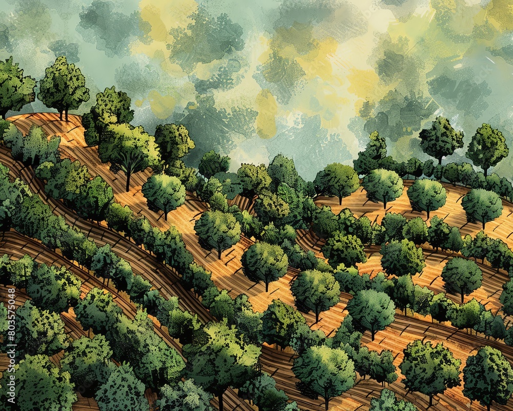Transform the aerial view olive grove into a stunning digital vector ...