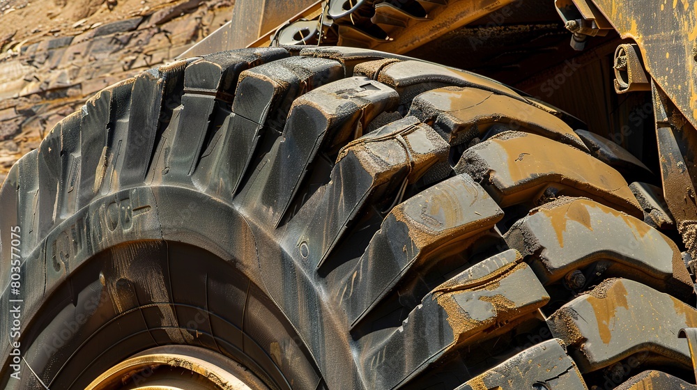 Maintenance on a mining truck's massive tire, close-up, detailed tread ...