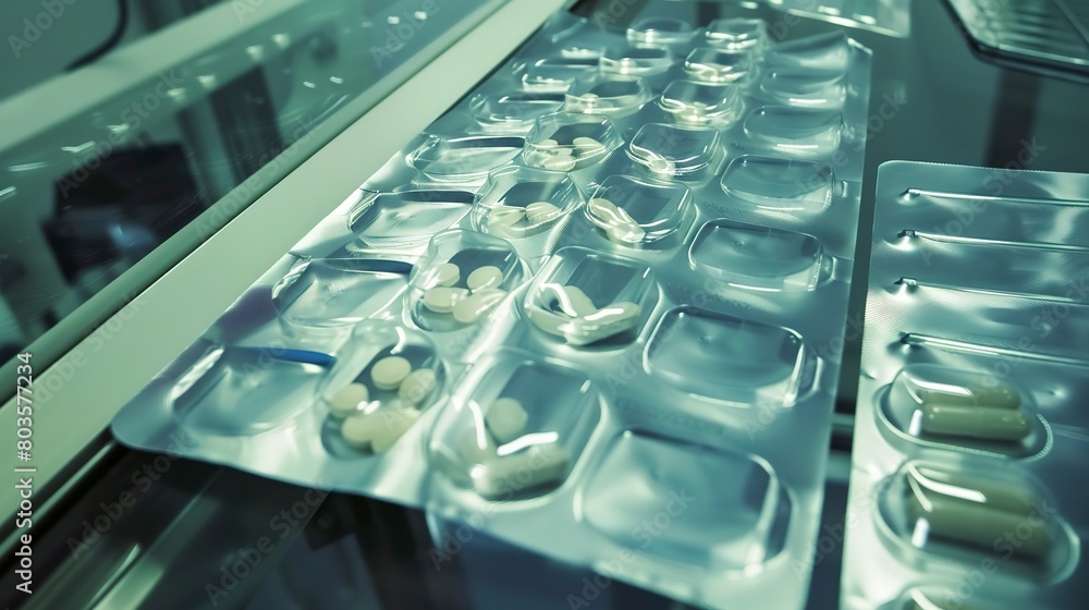 Packaging of blister packs in a pharma factory, close-up, detailed ...