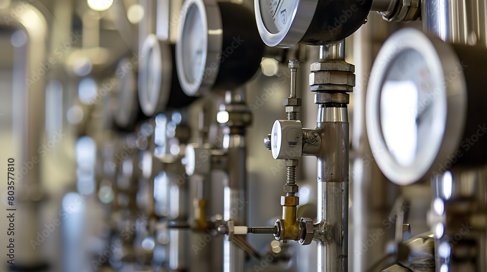 Monitoring gauges on a distillation column, close-up, detailed pressure ...