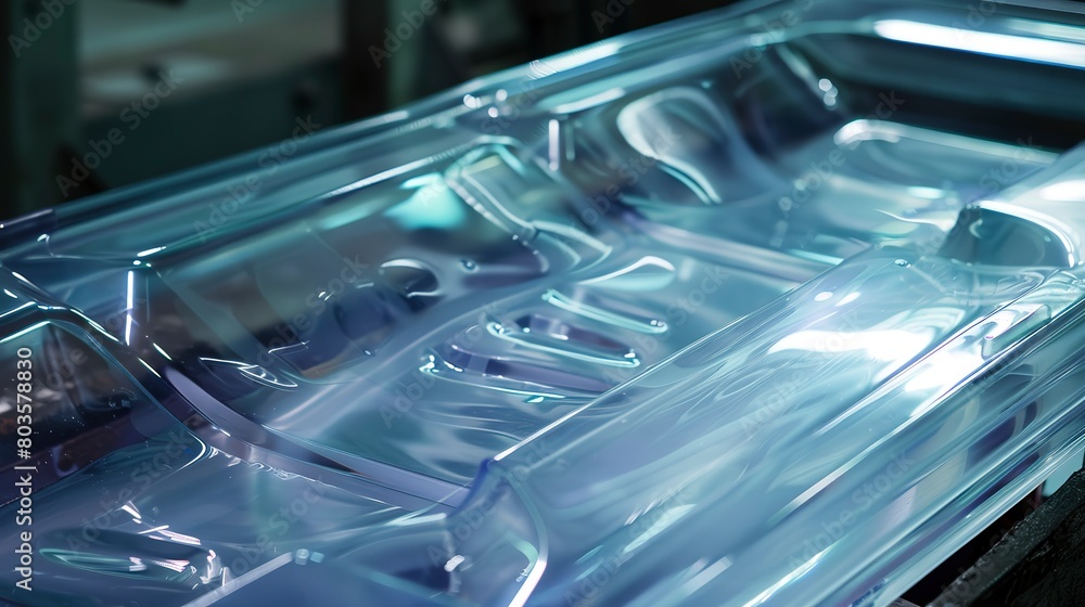 Thermoforming process for plastic sheets, close-up, detailed heat ...