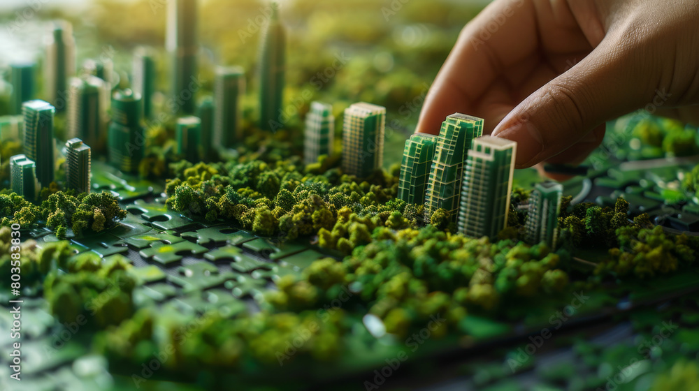 Close up hand making a green city model with trees and buildings on a ...