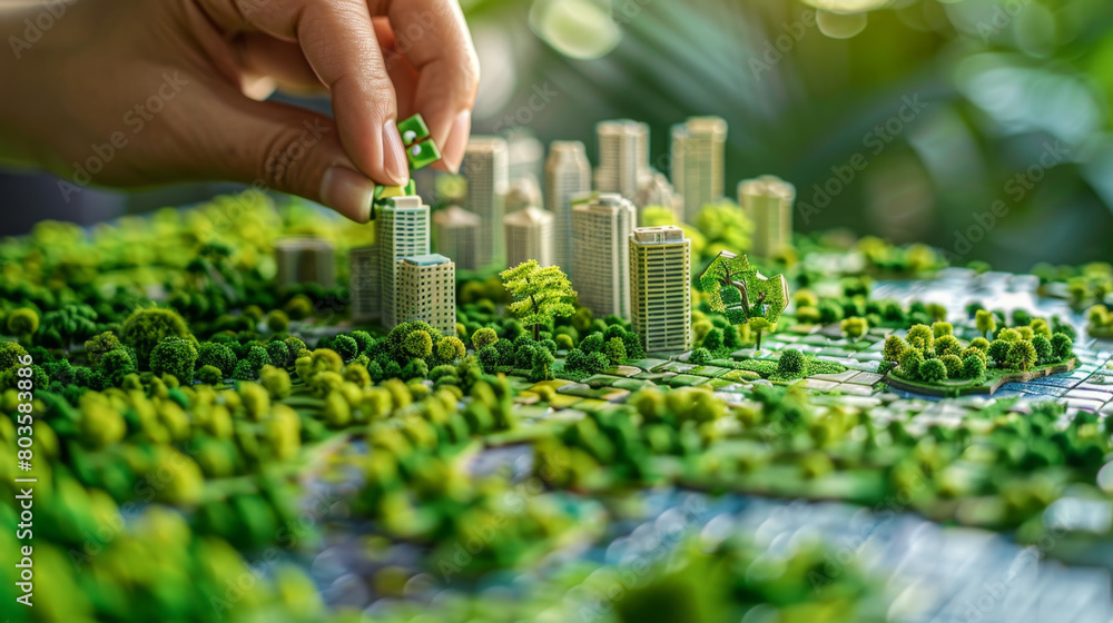 Close up hand making a green city model with trees and buildings on a ...