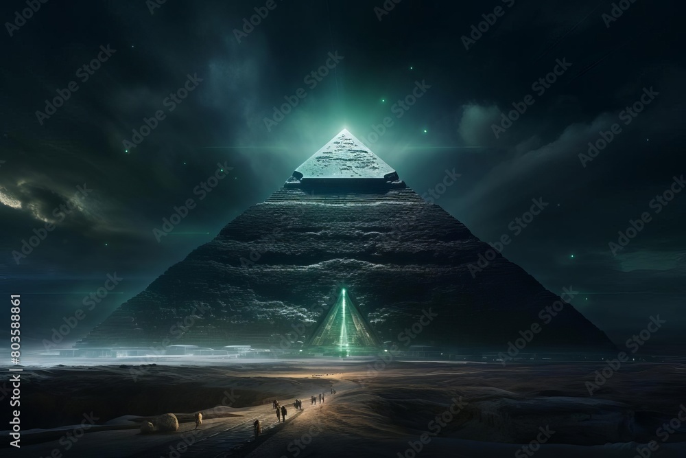 alien spaceship shooting light down to pyramid,worm eye view,night ...