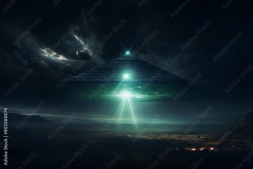 alien spaceship shooting light down to pyramid,worm eye view,night ...