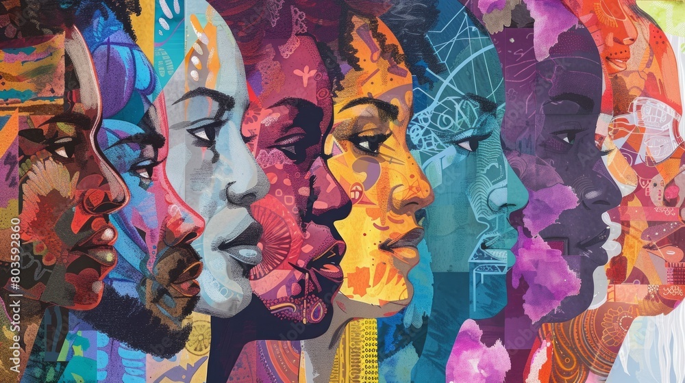 A colorful painting of many faces, each with a different skin tone ...