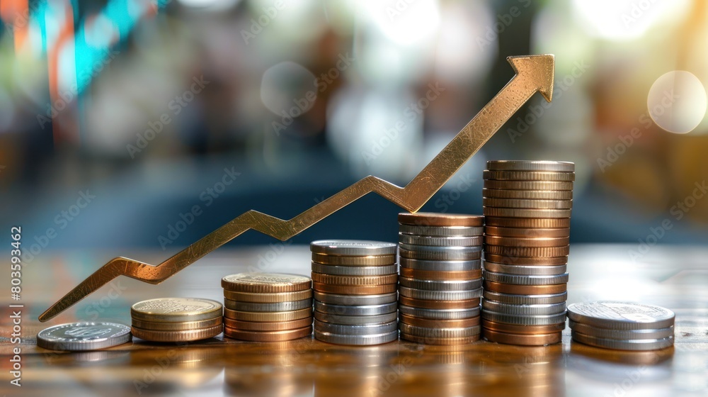 Coins arranged in a stack with an upward arrow and percentage signify ...