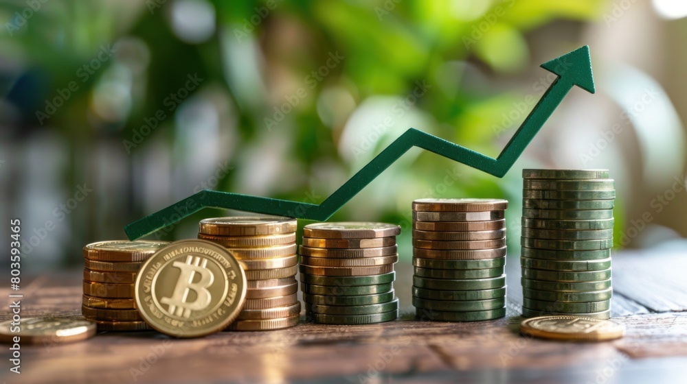 Coins piled up with an upward arrow and percentage denote a rise in ...