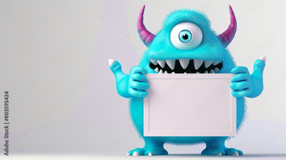 3d cute monster holding up a blank sign,colorful cartoon character ...