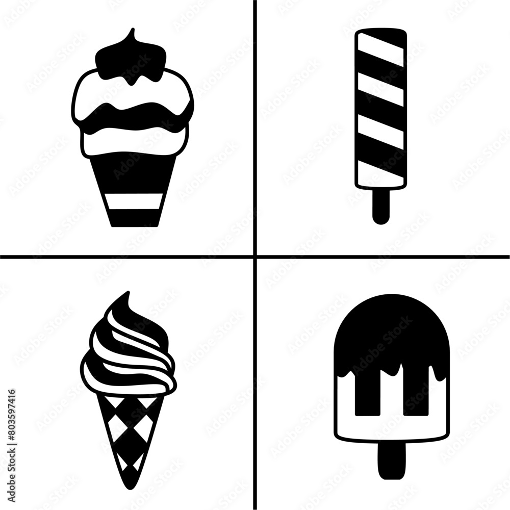 Vector black and white illustration of ice cream icon for business ...