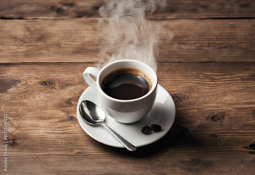 tasa de café humeante servida sobre mesa de madera Stock Illustration ...