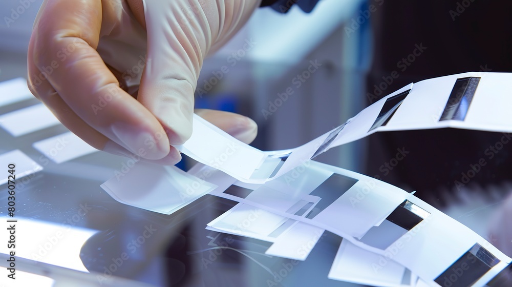 Quality control on label adhesion, close-up, detailed inspection of ...