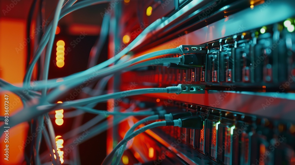 Installing servers in a data center rack, close-up, detailed cable ...