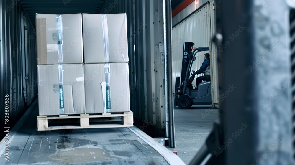 Loading a pallet into a delivery truck, close-up, detailed forklift ...