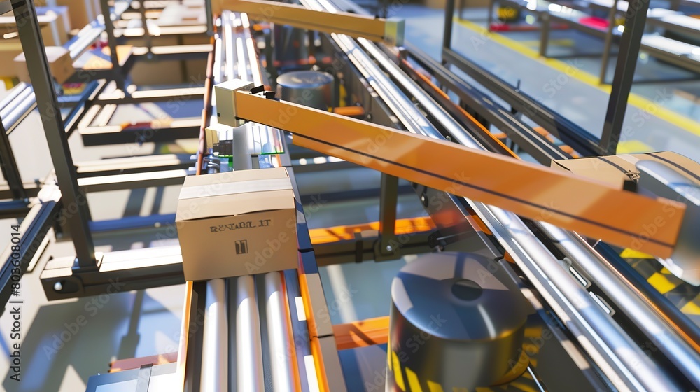 AI-driven sorting system at a factory, close-up, detailed conveyor and ...