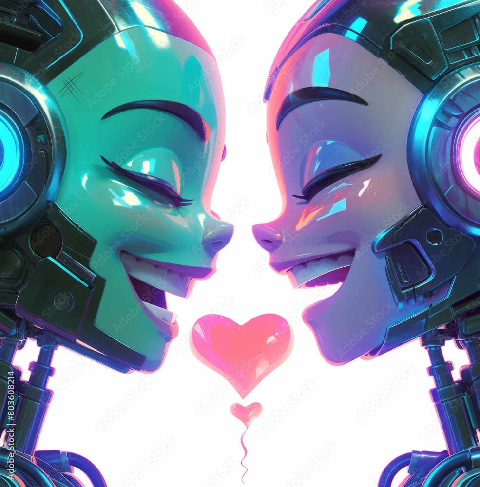 3d illustration of a happy robot couple, smiling at each other, white ...