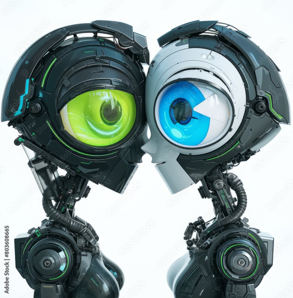 3d illustration of a happy robot couple, smiling at each other, white ...