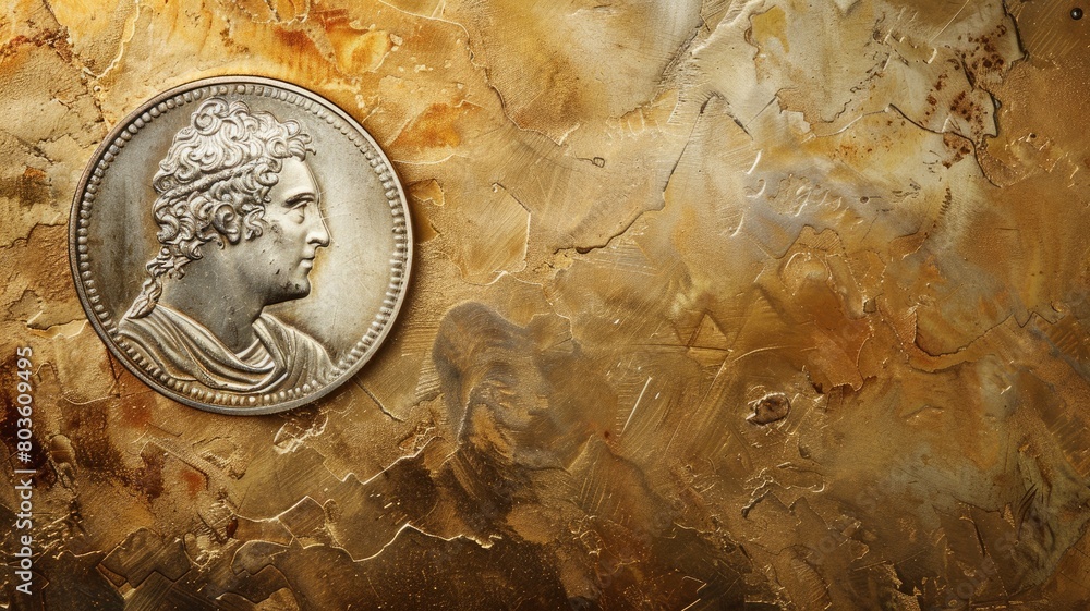 Antique coin with classical profile relief against textured golden ...