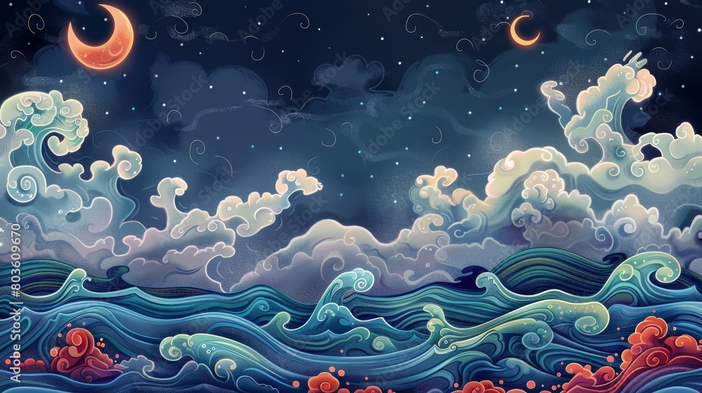 hand drawn cartoon steam wave wind night outdoor landscape illustration ...