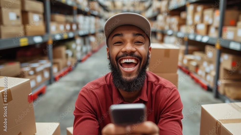 Warehouse employee with a cheerful expression using a smartphone ...