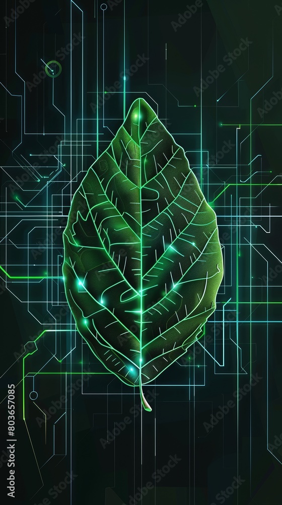 Eco innovation, leaf evolving into futuristic green technology, neon ...