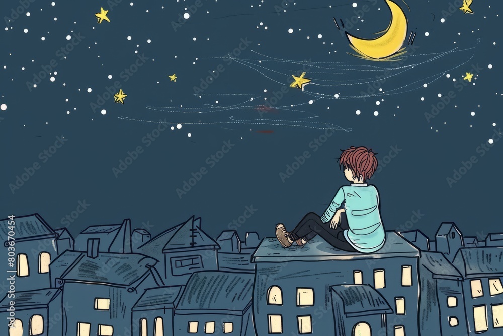 Cartoon cute doodles of an emo person sitting on a rooftop at night ...