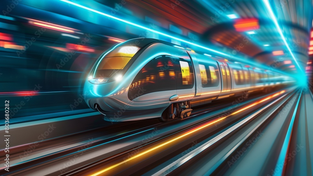 futuristic Hyperloop train zooms across the magnetic levitation tracks ...