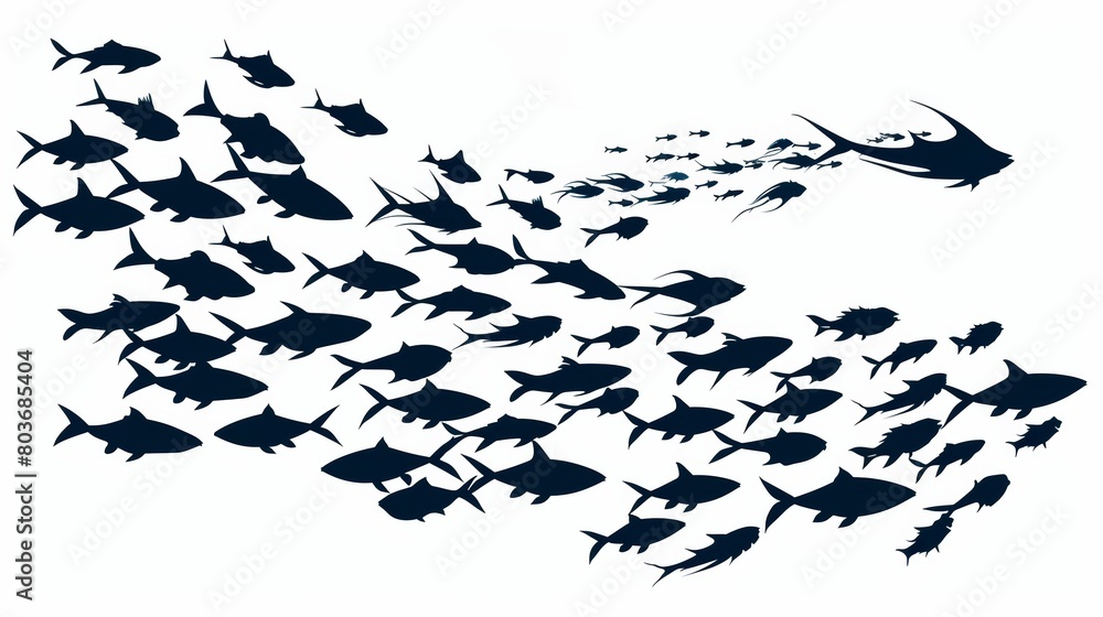 Fish school or shoal, silhouette. Shoal of fishes isolated on white ...