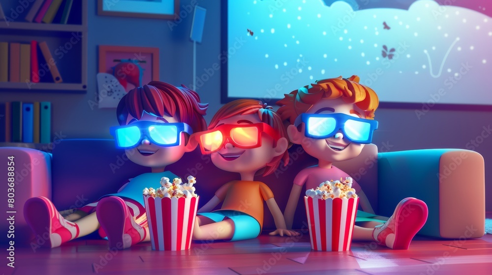 Foto de Little children in 3D glasses with popcorn watching cartoons on ...
