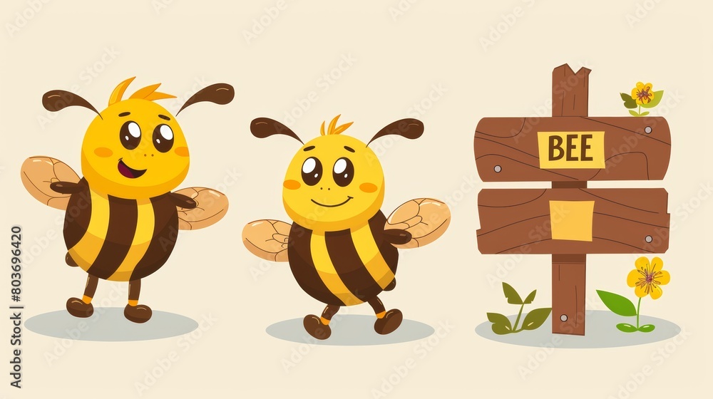 Set of cartoon happy bee character holding empty honeycomb shaped ...