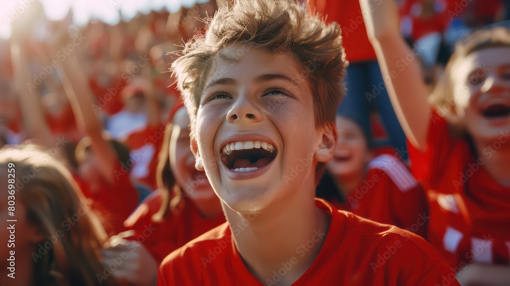 An excited young boy fan wearing a shirt cheering at the football ...