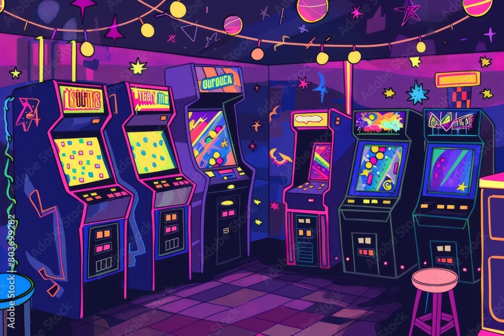 Cartoon cute doodles of a pop-punk themed arcade, with vintage video ...