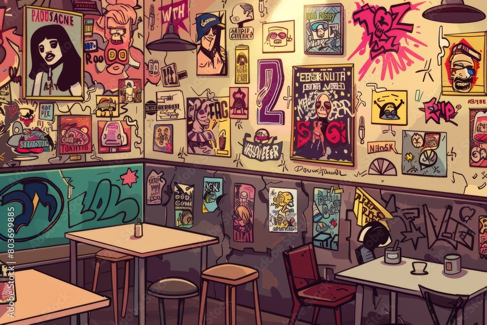 Cartoon cute doodles of a pop-punk themed cafe, decorated with posters ...