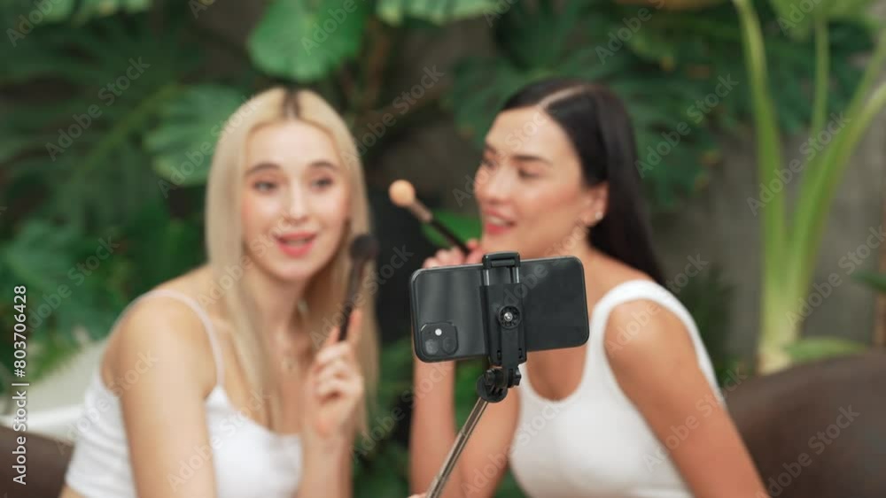 Two beautiful content creator making natural beauty and cosmetic ...