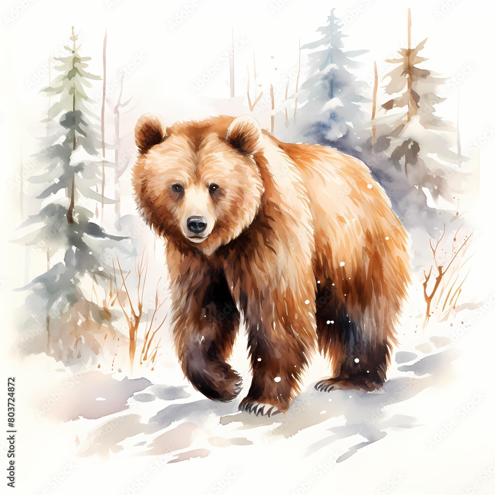 Winter bear. Brown bear. Winter landscape clipart. Watercolor ...