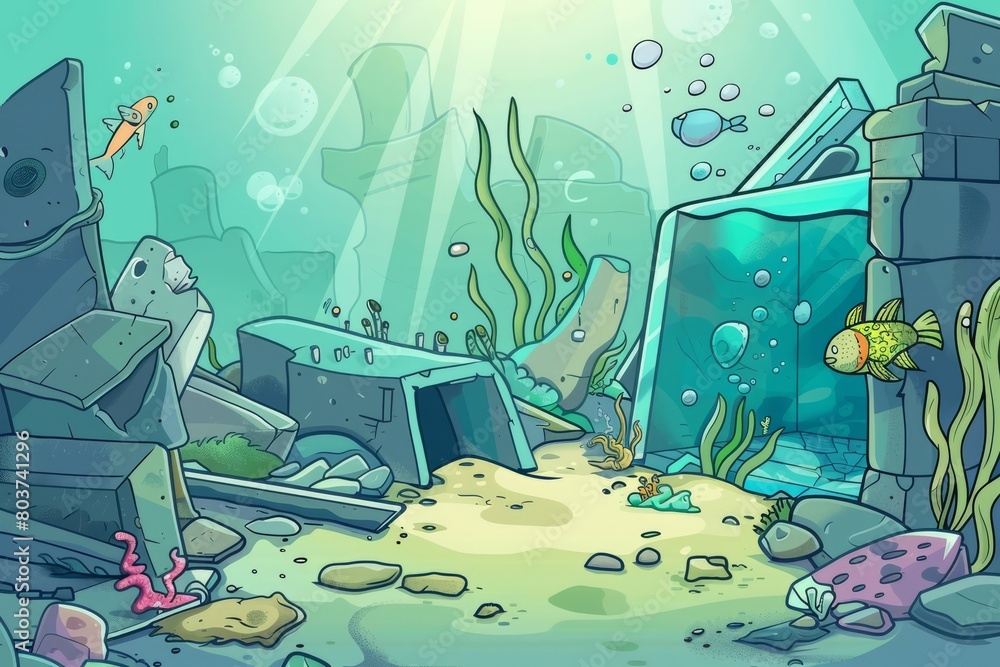 Cartoon cute doodles of an abandoned aquarium, with empty tanks and ...