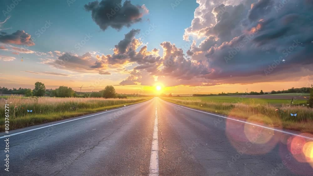 beautiful scenery with asphalt road and sunset view. seamless looping ...